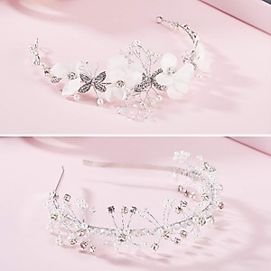 WILLBOND 2 Pieces Wedding Flower Crown Princess Wedding Headpiece Baptism Gift First Communion Headpiece for Girls Communion Veil Crystal Tiara for Girls Wedding and Flower Girls