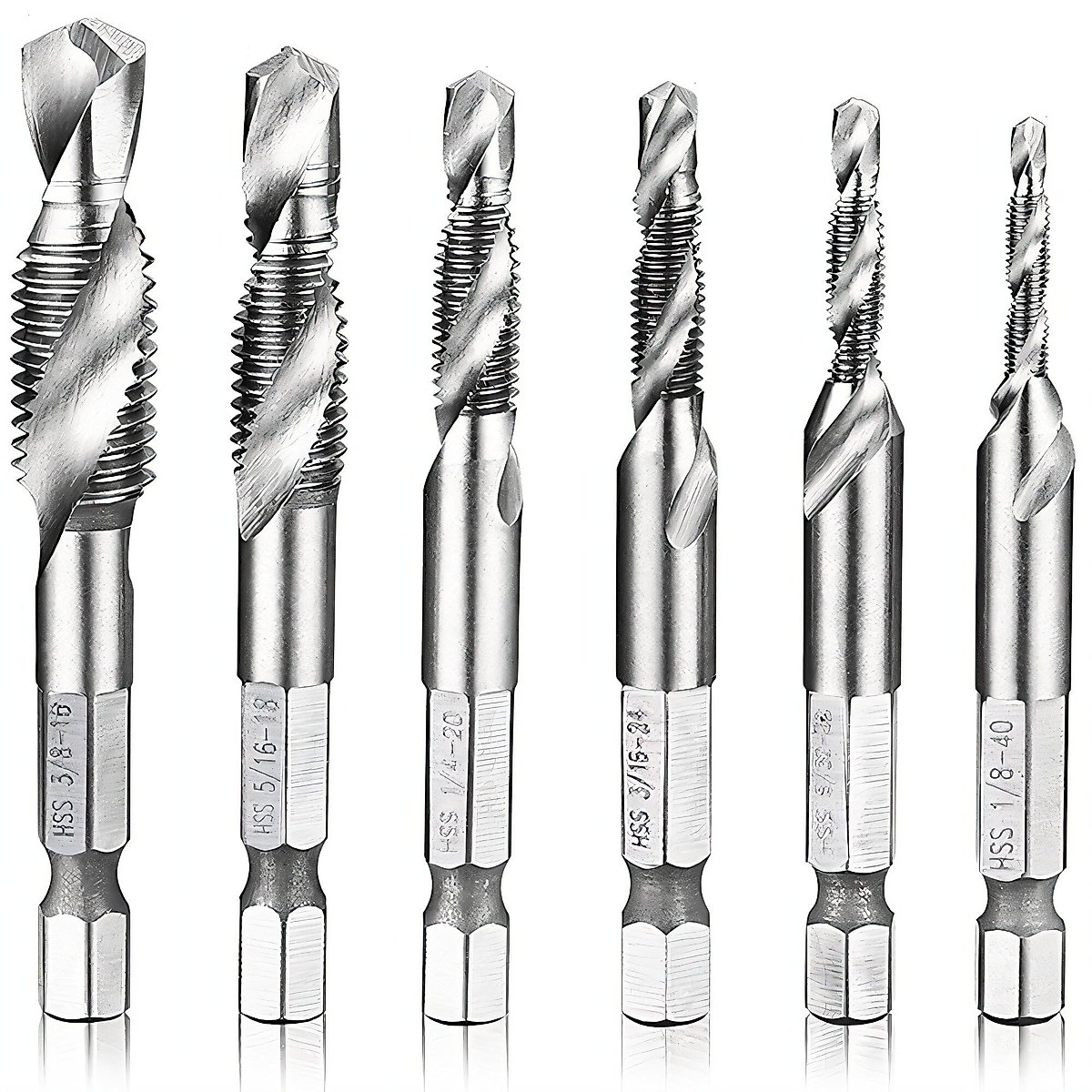 Hymnorq 6-Piece Combination Tap and Drill Bit Set with Dual Twist Flute and 118° Split Point, High-Speed Steel, 1/4" Hex Shank, Ranging from BSW 1/8"-40 to BSW 3/8"-16