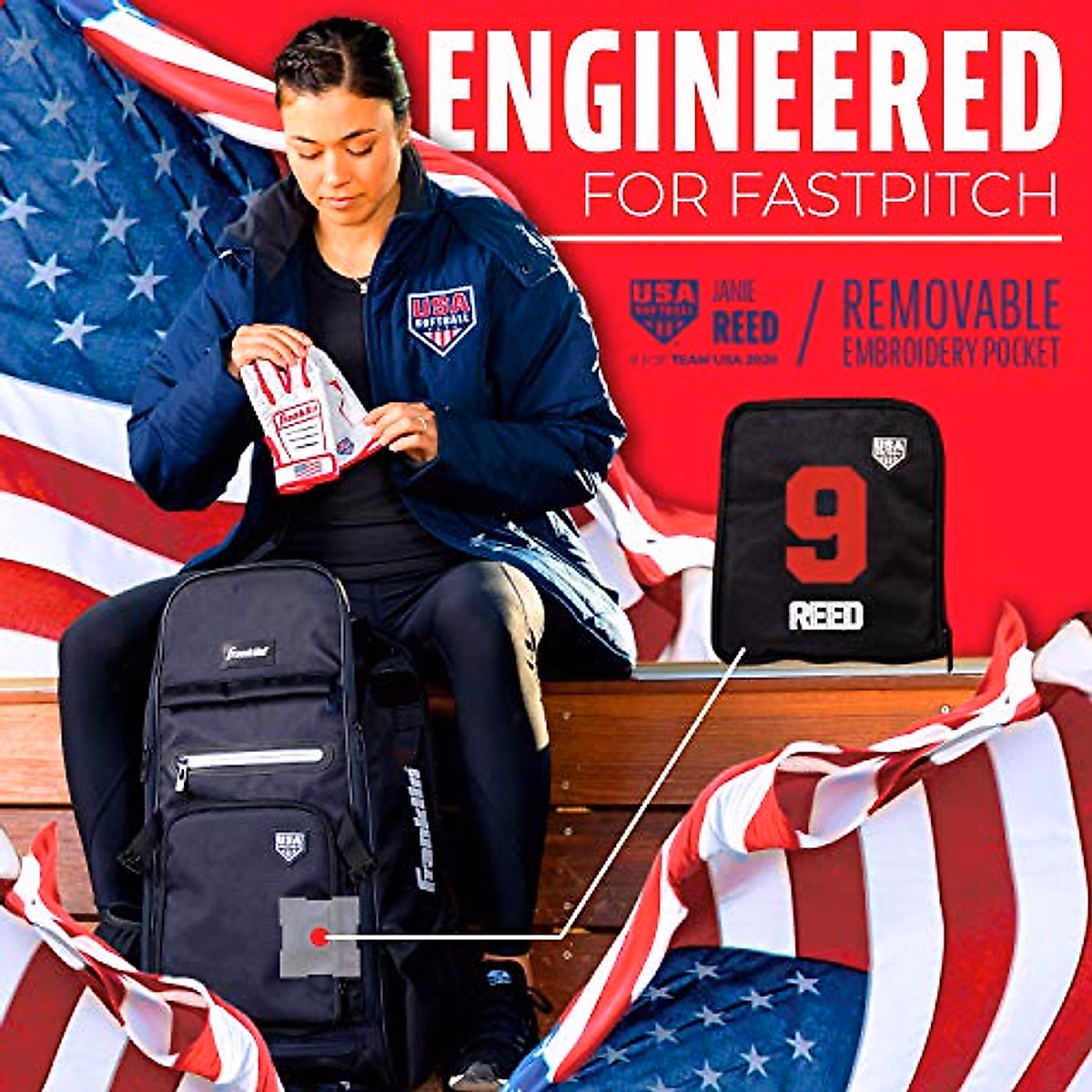 Franklin Sports Fastpitch Softball Bat Bag - USA Traveler Elite Bat Backpack - Girls + Women's Equipment Batpack - Fits Helmets, Cleats + (2) Bats - Black
