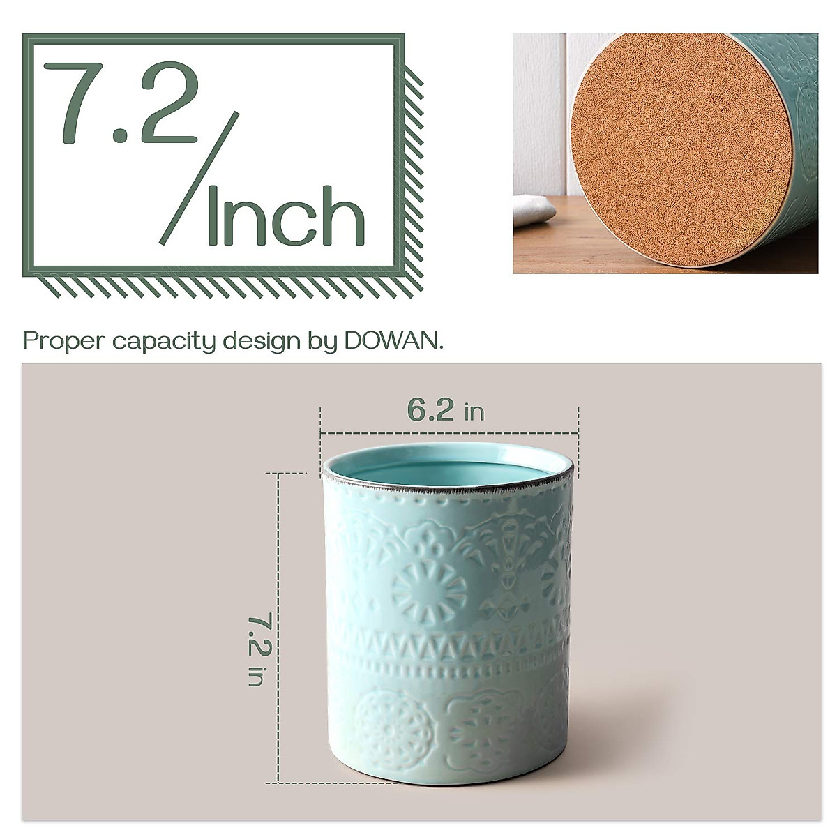 DOWAN Kitchen Utensil Holder, 7.2″ Extra Large Stable Utensil Crock, Thicken Recycled Cork Mat, Simple Design Utensil Holder, Kitchen Decor, White Utensil Holder for Christmas Decor