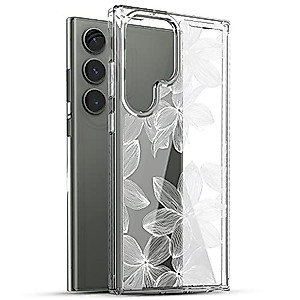 RANZ Galaxy S23 Ultra Case, Anti-Scratch Shockproof Series Clear Hard PC+ TPU Bumper Protective Cover Case for Samsung Galaxy S23 Ultra - White Flower