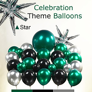 Emerald Green Silver Balloon Garland Arch Kit Double Stuffed Dark Green Black Balloons With Silver Star Balloons for Luxury Birthday Party Christmas grad decorations 2025 Decorations