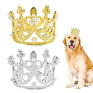 2Pcs Pet Birthday Party Crown for Small Dog with Adjustable Strap Hat Rhinestone Faux Pearl Crown for Birthday Party, Adoption Celebration or Gotcha Day Photos(Small)
