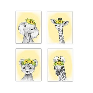 Baby Girl Nursery Wall Art Sunflowers Floral Crown Safari Animals Elephant Giraffe Lion Zebra Room Decor 4 UNFRAMED PRINTS