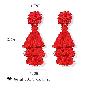 Layered Tassel Earring Bohemian Lightweight Colorful Tiered Thread long Fringe Tassel Drop Dangle Beaded Statement Stud Earring Women Gifts (Red)