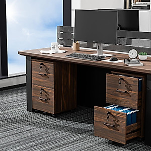 VINGLI 2 Drawer File Cabinet with Lock, Wood Dark Brown File Cabinet for Letter Size File Folders with Tabs, Under Desk Rolling File Cabinets for Home Office, Mobile Filing Cabinet Printer Stand