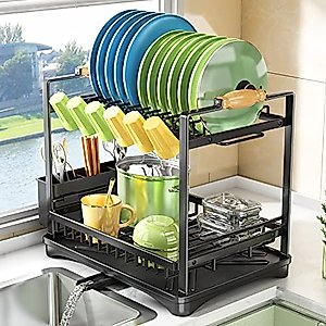 Dish Drying Rack for Kitchen Counter - 2 Tier Dish Rack with Drainboard, Stainless Steel Large Dish Drainers, Black