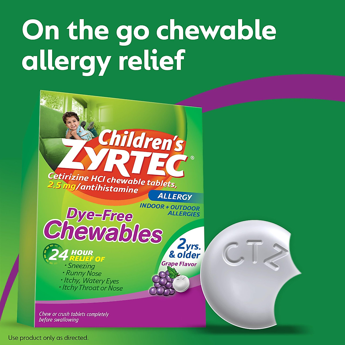 Zyrtec Children's Dye-Free Chewables for 24 Hour Allergy Relief, 2.5 mg Cetirizine HCl Antihistamine Tablets, Kids Allergy Medicine Relieves Sneezing & Itchy Nose & Throat, Grape, 24 ct