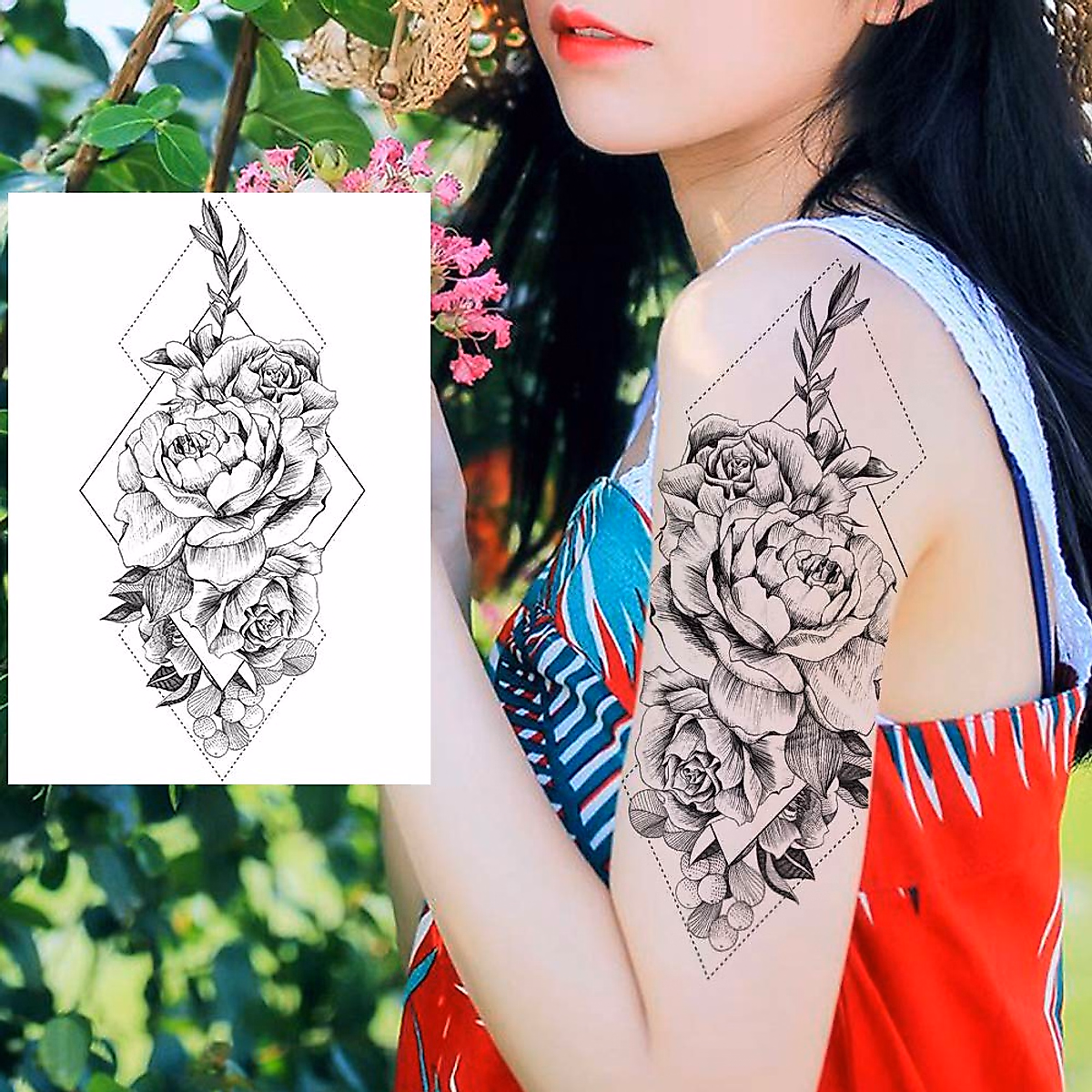 COKTAK 6 Pieces/Lot 3D Realistic Large Black Rose Flower Temporary Tattoos For Women Body Art Arm Big Peony Geometric Tattoo Stickers Adults Fake Waterproof Tatoo Legs Sketch Sexy Girl Peach Lily