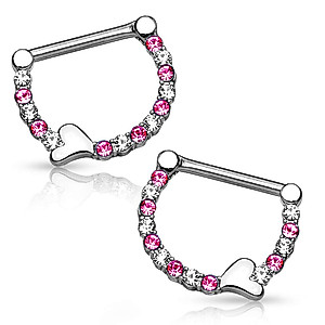 Forbidden Body Jewelry Pair of Surgical Steel 1/2 Inch CZ Crystal Lined Sweetheart Nipple Ring Clikers, Clear/Pink