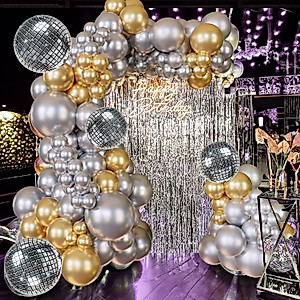 124Pcs Silver and Gold Garland Balloons Metallic Balloon Arch Kit Chrome Silver balloon Disco Ball decorations for Disco Party 60th Birthday Graduation Galaxy Alien Party