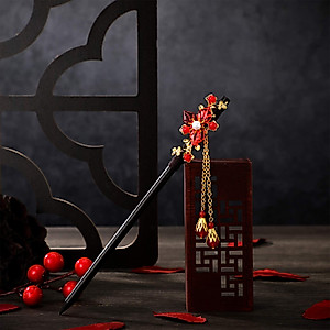 Waydress 4 Pcs Retro Geisha Red Wooden Hairpins Japanese Hair Stick Asian Hair Chopsticks Handmade Flower Tassel Hair Accessories with Tassel for Women Girl Long Hair (Classic Style)