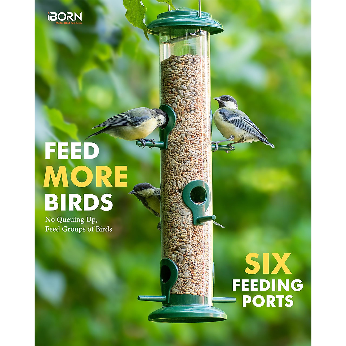 iBorn Metal Bird Feeders 6 Ports Hanging Wild Bird Seed Feeder for Mix Seed Blends, Niger Seed Feeder, Sunflower Heart, Birdbath, Heavy Duty All Metal Green Finishing 14 Inch 6Port
