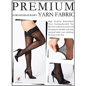 DORALLURE Thigh High Stockings Silicone Lace Top Stay Up Silky Semi Sheer Pantyhose for Women Hold Up Nylon,Black