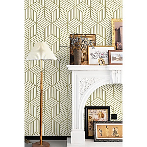CiCiwind Peel and Stick Wallpaper Gold and Beige Contact Paper Geometric Striped Hexagon Wallpaper Removable Self Adhesive WallPaper Waterproof Vinyl Paper for Cabinets Shelf Drawer 15.7"x78.7"Upgrade