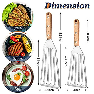 Joyfair Fish Spatulas Set, 2Pcs Metal Slotted Turner with Wooden Handle for Grilling Frying, Stainless Steel BBQ Flipper Spatula for Griddle Flattop, Thin Edge for Easy Turning & Flipping Pancake Meat