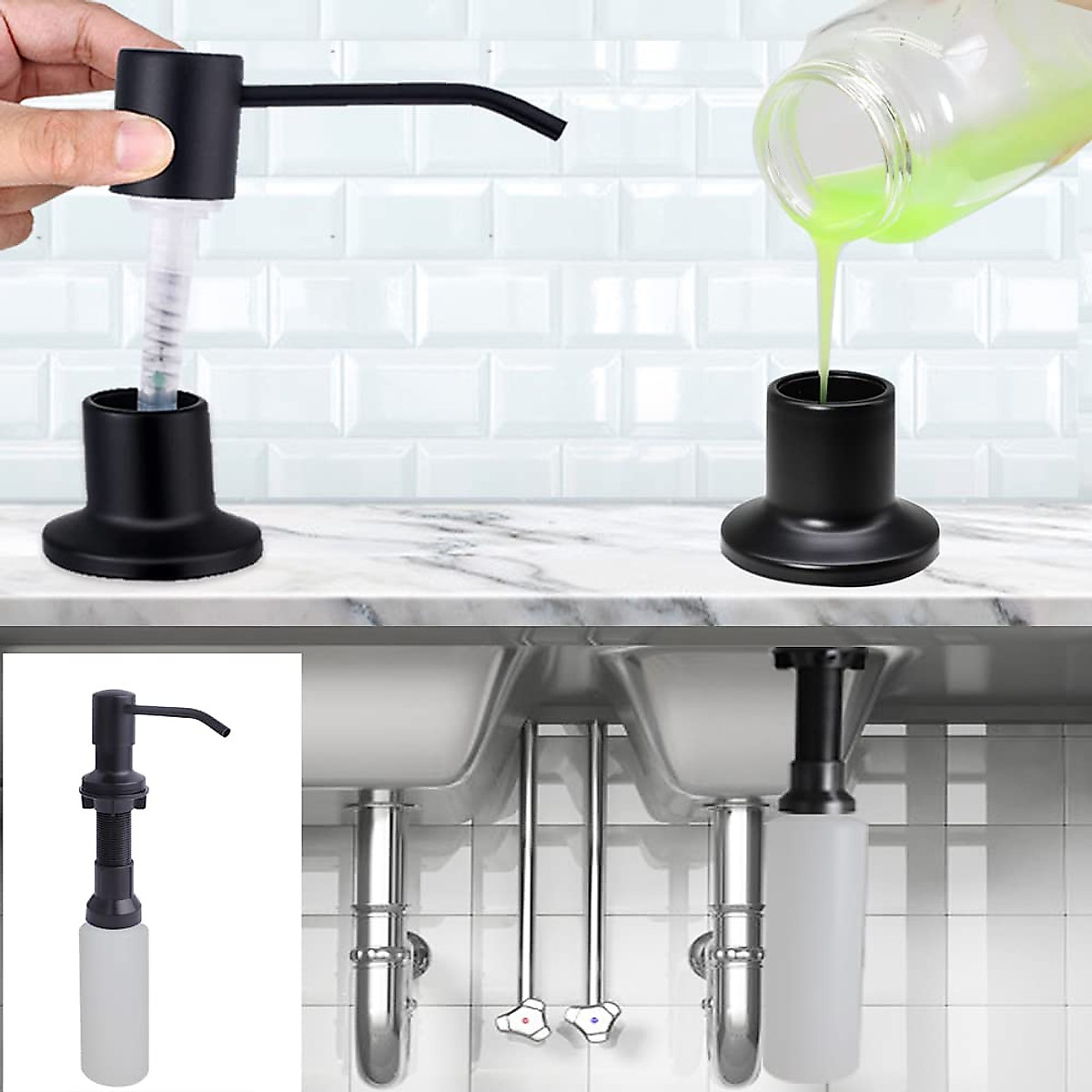 Kitchen Sink Soap Dispenser Matte Black with 47" Extension Tube Kit and 17 Oz Soap Bottle, Dish Sink Hand Soap Dispenser Pump Replacement