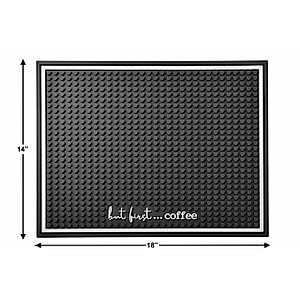 URBN Premium Thick Non-Slip"But First Coffee" Rubber Spill Mat for Countertop or Kitchen Bars, 18in x 14in x 0.4in - Black