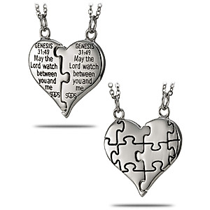 Stainless Steel Puzzle Piece Split Heart Necklace-Genesis 31:49