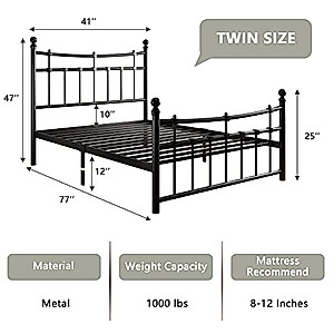 Feonase Twin Size Metal Bed Frame with Headboard, Modern Heavy Duty Platform Bed Frame with 14 Steel Slats Support, 12" Under Bed Storage, No Box Spring Needed, Easy Assembly, Noise-Free, Black