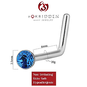 Forbidden Body Jewelry 20G Surgical Steel 6mm L-Shaped Nose Piercing Stud with Blue 2.5mm Crystal Top