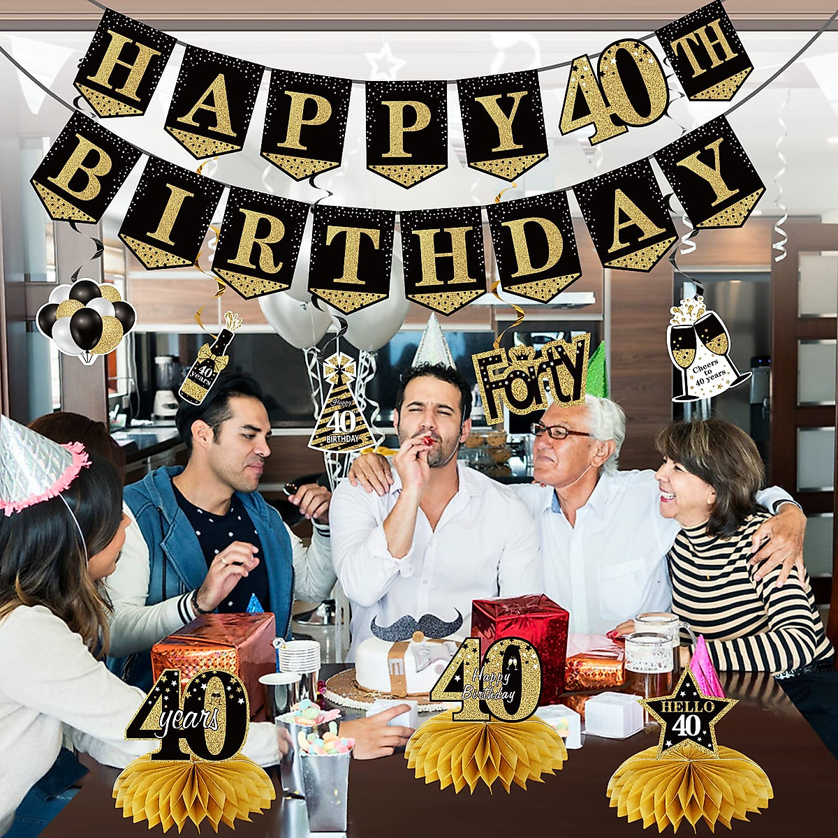 40th Birthday Banner Decorations for Men Women, 10Pcs Happy 40th Birthday Banner Honeycomb Centerpieces Swrils Kit, Forty Bday Banner Ceiling Table Topper Sign Party Supplies for Indoor Outdoor