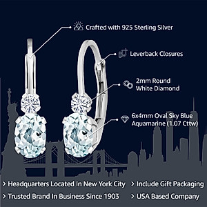 Gem Stone King 925 Sterling Silver Sky Blue Aquamarine & White Diamond Leverback Earrings For Women (1.07 Cttw, Gemstone Birthstone, Oval 6X4MM, Round 2MM, 3/4 Inch)