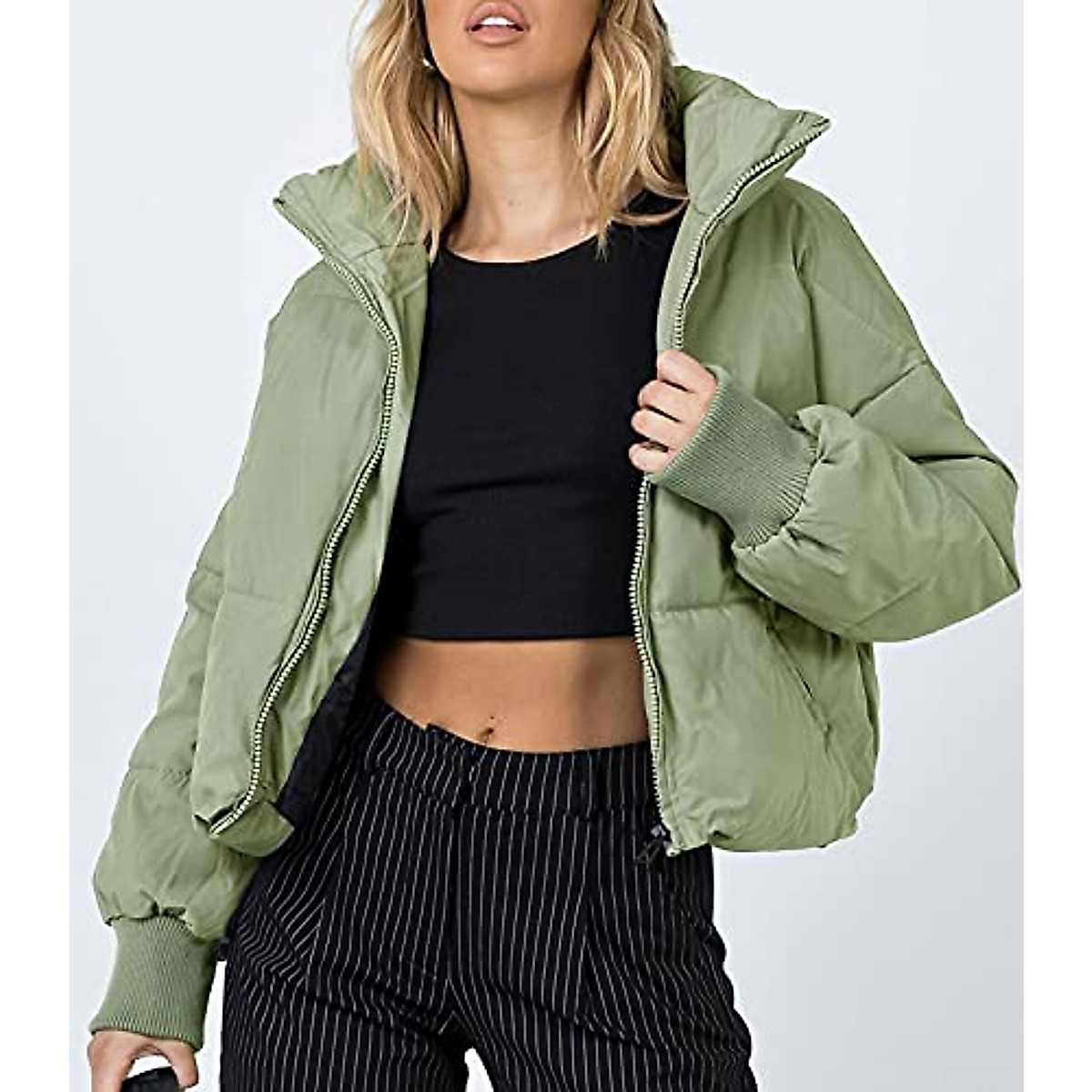 ZCSIA Women's Winter Long Sleeve Full Zipper Oversized Baggy Puffer Short Down Jacket Coat,PeaGreen,XSmall