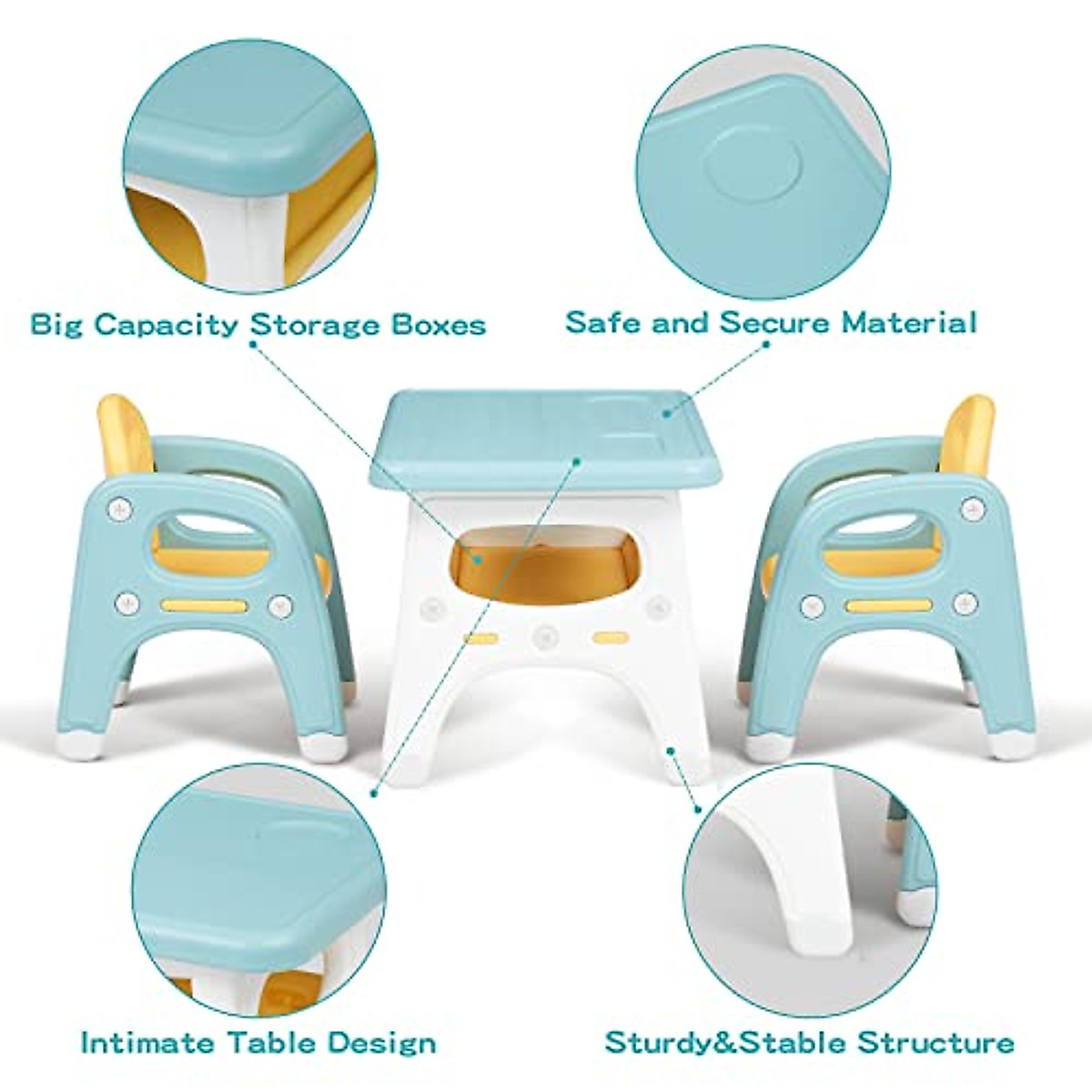 Elepude Kids Table and Chairs Set Plastic Durable Toddler Table and Chair Set -Children Activity Table and 2 Chairs for Drawing, Painting, Arts and Crafts, Gift for Boys Girls (Blue&Yellow)
