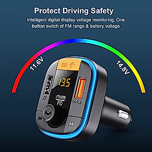 Bluetooth FM Transmitter for Car - Tensun Bluetooth Car Adapter PD20W+QC3.0 Cigarette Lighter Bluetooth 5.0 Radio Receiver Music Player Car Charger Supports Hands-Free Call Siri Google Assistant