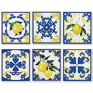 AnyDesign 6 Pack Lemon Swedish Dishcloth Blue White Tiles Lemon Kitchen Dish Towel Reusable Washable Cotton Kitchen Towel for Counter Cleaning Baking Cooking, 7 x 8 Inch