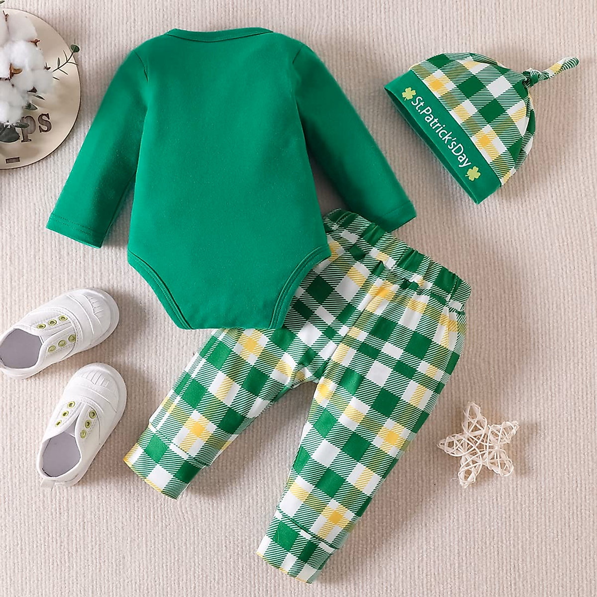 flower frail Infant Baby Boy My first St Patricks Day Outfit Newborn Green Bow Tie Romper Irish Clover Pant Set and Hat 3-6M