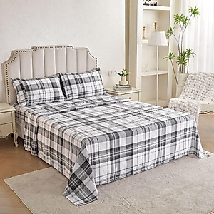 Mooreeke Queen Sheets, Queen Grey Plaid Bed Sheet Set with Deep Pocket Non-Slip Fitted Sheet, Checked Microfiber Bedding Sheets & Pillowcases