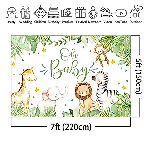 Mocsicka Boy Safari Baby Shower Backdrop Oh Baby Jungle Animals Photography Background Vinyl Zoo Animal Green Leaves Photo Booth Banner Supplies (7x5ft)