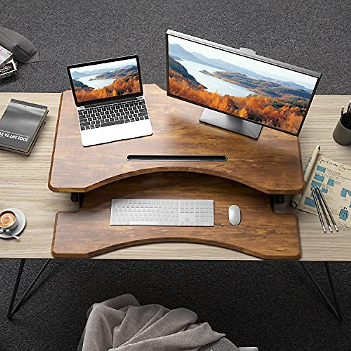 FEZIBO Standing Desk with Height Adjustable 37 Inches Standing Desk Converter Stand up Riser Tabletop Workstation Fits Dual Monitor Rustic Brown