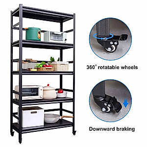 STELSIPLIY 5-Tier Metal Storage Shelves with Wheels, Heavy Duty Metal Shelving Unit, Rolling Kitchen Adjustable Shelves for Kitchen, Bathroom, Garage, Pantry, Easy Assembly, Black
