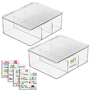 mDesign Plastic Stackable Toy Storage Bin w/Hinged Lid, 3 Divided Compartments; for Organizing Playroom, Kids' Room; Container for Small Toys, Craft and School Supplies + 24 Labels - 2 Pack - Clear