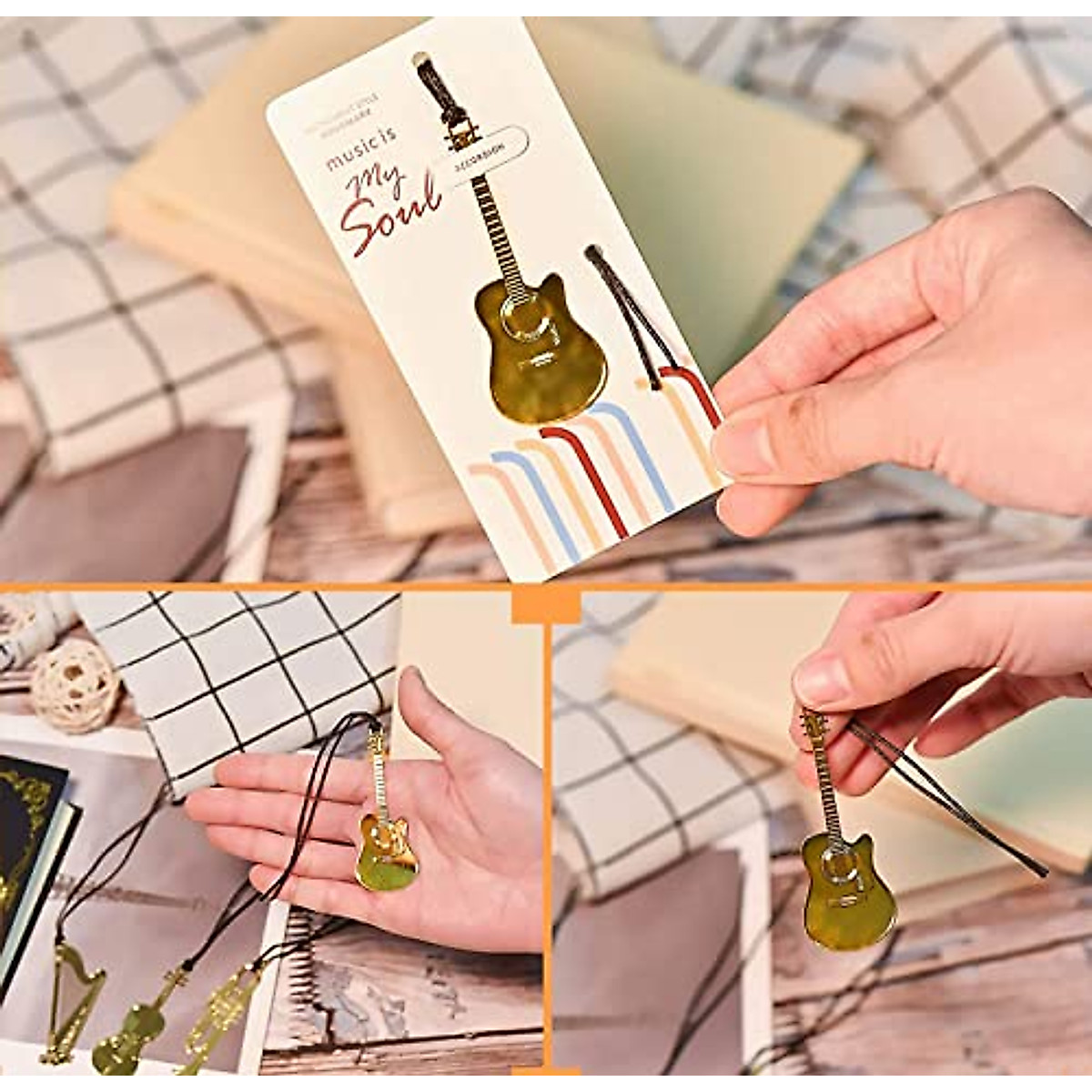 Phineon 6pcs Metal Bookmark Piano Harp Accordion Violin Trumpet Guitar Book Marks with Braided Tassel Pendant for for Kids Students Children Boys Girls