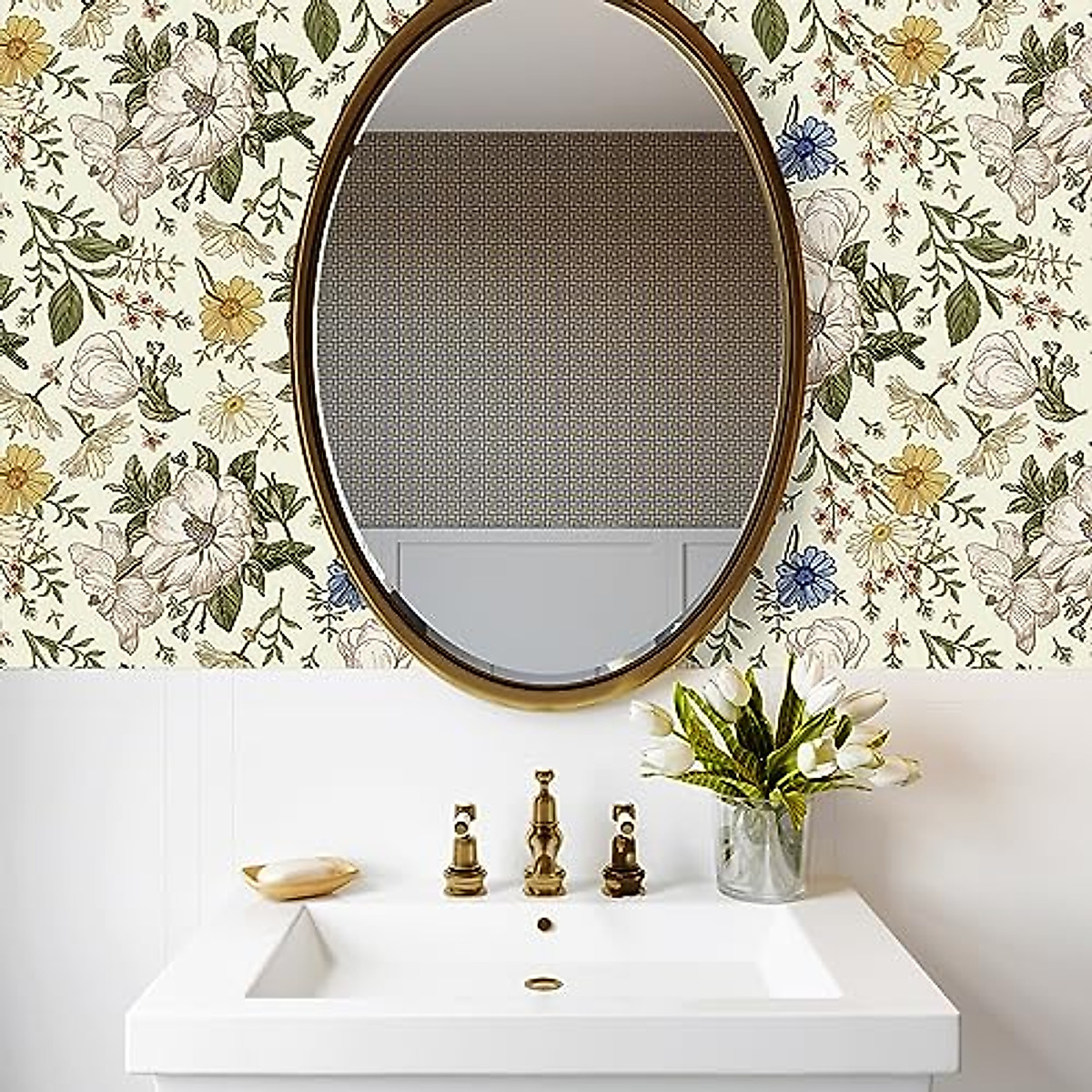 VEELIKE 17.7"×118.1" Floral Peel and Stick Wallpaper Vintage Peony Daisy Floral Wallpaper Self Adhesive Removable Floral Contact Paper Decorative Vinyl for Bedroom Walls Cabinets Shelves Nursery