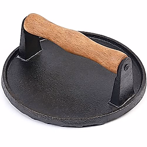 LotFancy Cast Iron Grill Press, 7 Inch, Smash Burger Press for Griddle, Round Bacon Meat Smasher, Wood Handle