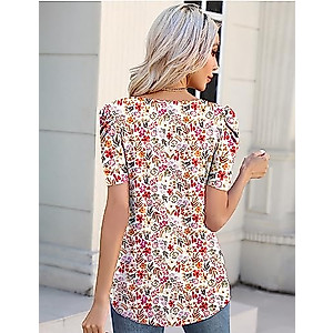 Ladies Romantic Tops Hawaiian Shirts for Women Square Neck Top Fitted Tops for Women Sexy Casual Trendy Short Sleeve Tops White Red Floral L