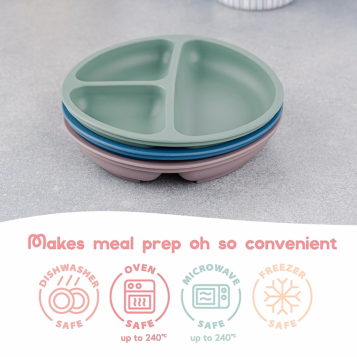 ChériKid Suction Plates for Baby, Toddlers - FEATURES SUPER STRONG QUADRUPLE SUCTION - 100% Food Grade Silicone Toddler Plates with Suction - Unbreakable Divided Kids Baby Plates - Suction Plate