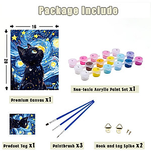 Yunnuo Paint by Numbers for Adults Black Cat, Paint by Numbers kit on Canvas for Beginners, Starry Night Oil Painting Set Craft Supplies, 3 Paintbrushes and Acrylic Paint 16x20 Inch