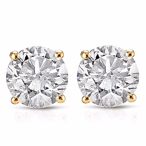 14k Yellow Gold 1 Ct T.W. Round-Cut Natural Certified Diamond Studs 4-Prong Women's Earrings With Screw Backs