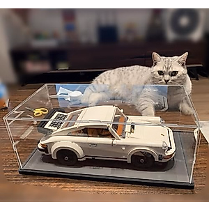 Thickened Clear Acrylic Display Case for Lego 42154 10295 42176 42170 75376 10317 Collectibles, Transparent Box Dustproof Protection with Wood-Plastic Base & String Light, Black Inside 15.7x7.9x7.9in