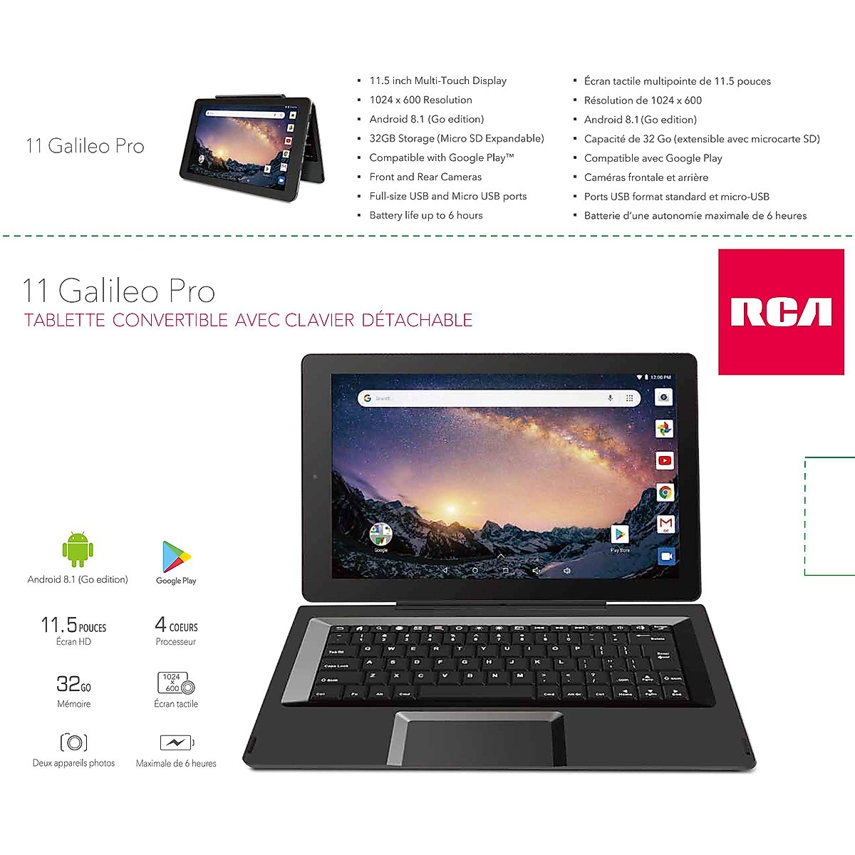 2018 RCA Galileo Pro 11.5" 32GB Touchscreen Tablet Computer with Keyboard Case Quad-Core 1.3Ghz Processor 1GB Memory 32GB HDD Webcam Wifi Bluetooth Android 6.0 - Charcoal