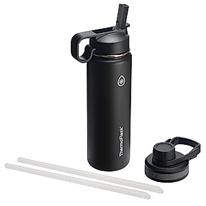 ThermoFlask Double Wall Vacuum Insulated Stainless Steel Water Bottle with Two Lids, 24 Ounce, Black