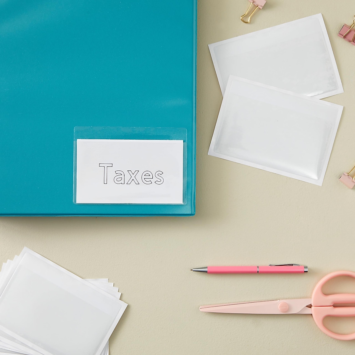 Juvale 100 Pack Plastic Label Holders for 3x5 Index Cards, Clear Self-Adhesive Pockets for Office Supplies