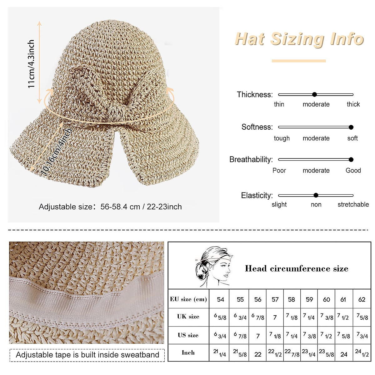 Foldable Wide Brim Floppy Straw Beach Sun Hat,Summer Cap with Bowknot for Women Girls,Strap Adjustable (1 Pack Beige)