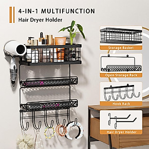 RoleDes Hair Tool Organizer Wall Mount Metal Hair Dryer Holder with 3 Tier Shelf Storage Wire Basket Hook, Hot Tools Organizer Cabinet Door Flat Iron Holder for Blow Dryer, Curling Iron, Straightener